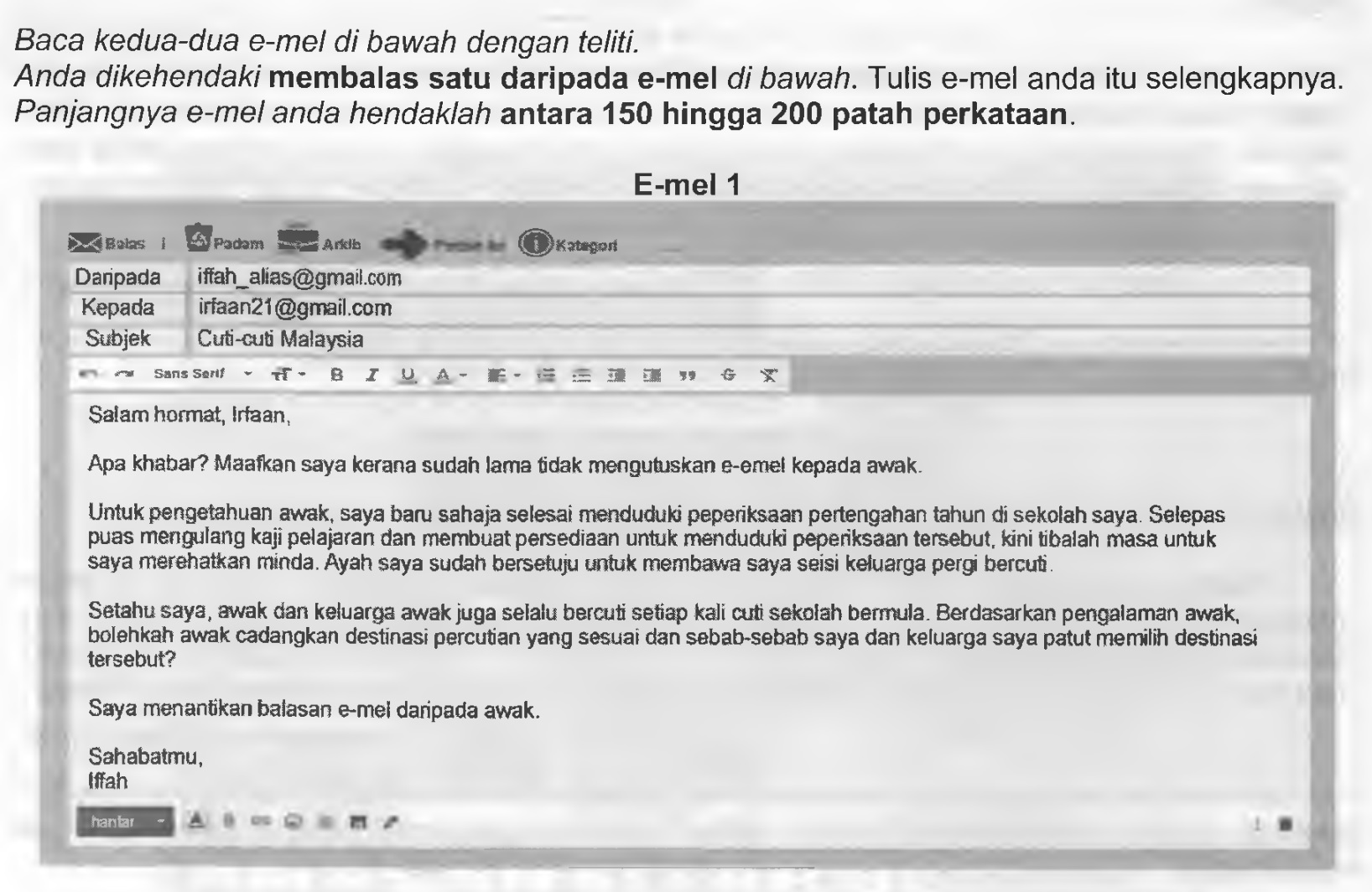 Contoh Karangan Membalas E-mel (Subjek: Destinasi Pelancongan) - Bumi ...